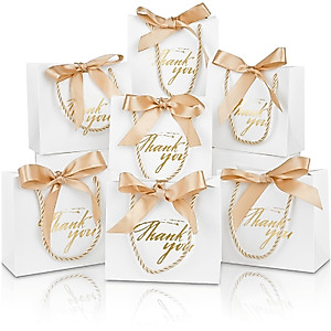 Mauproy 20 Pack Small Thank You Gift Bags with Handles, 5.5''x 2.5''x 4.7'' Mini Paper Gift Bags with Ribbons Party Favor Bags for Wedding Baby Shower Bridal Shower Birthday Christmas (White)
