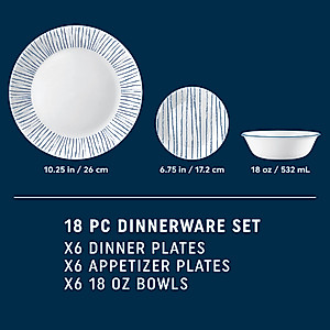 Corelle 18-Piece Dinnerware Set, Service for 6, Lightweight Round Plates and Bowls Set, Vitrelle Triple Layer Glass, Chip Resistant, Microwave and Dishwasher Safe, Nautical Stripes