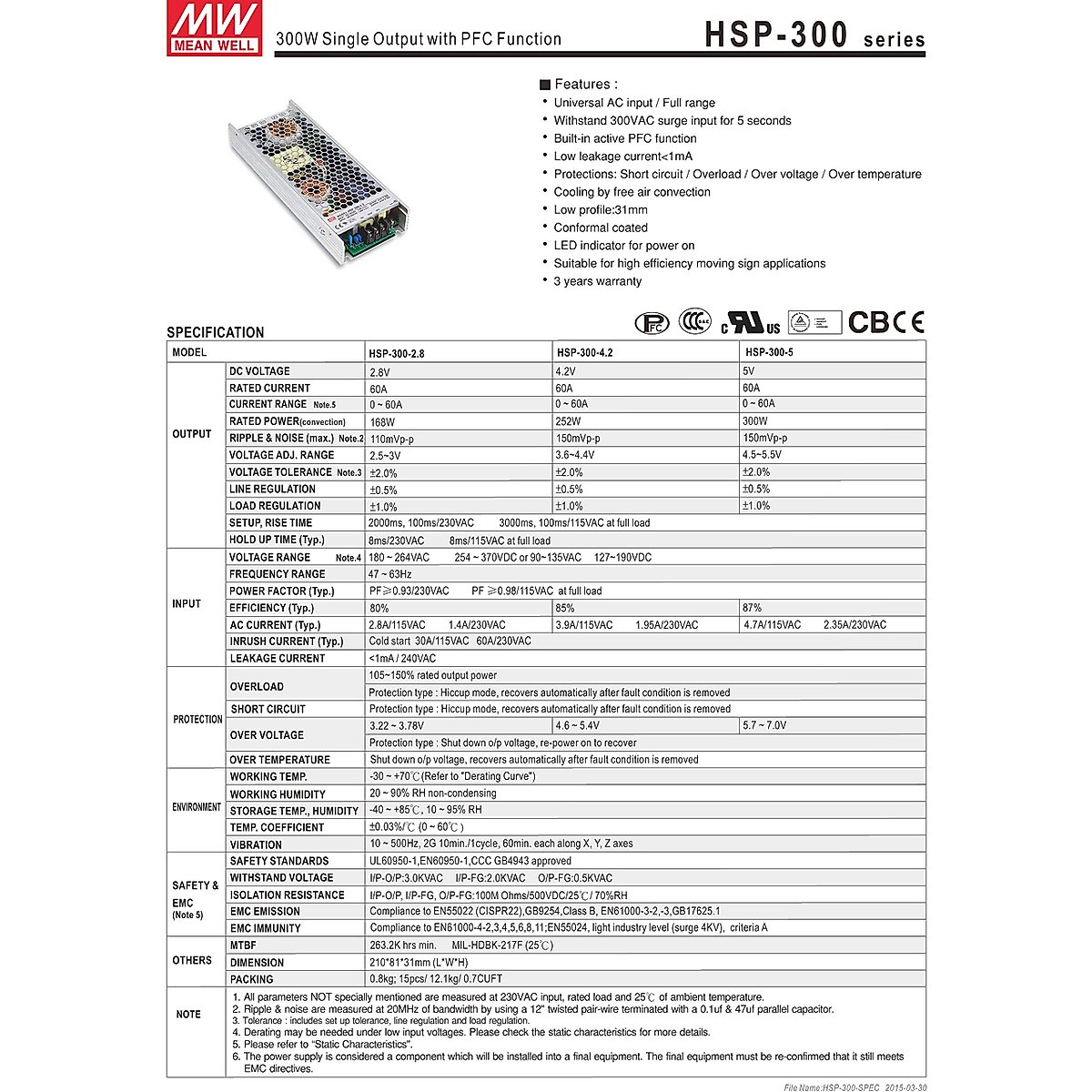 MEAN WELL HSP-300-5 5V 60A 300W Single Output with PFC Function LED Sign Panel