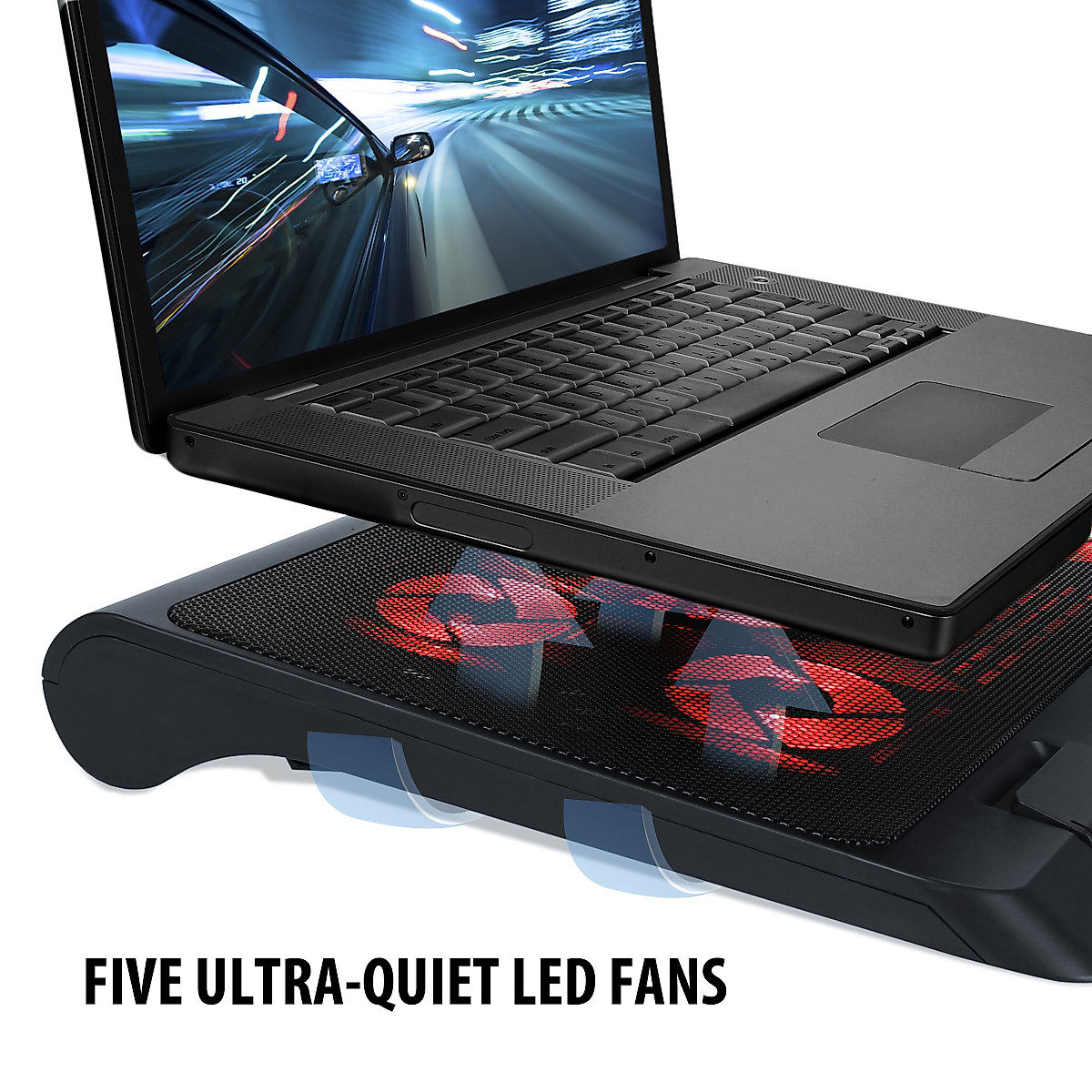 ENHANCE Gaming Laptop Cooling Pad Stand with LED Cooler Fans , Adjustable Height , & Dual USB Port for 17 inch Laptops - 5 Ultra Quiet High Performance Fans 2630 RPM & Built-In Bumpers - Red