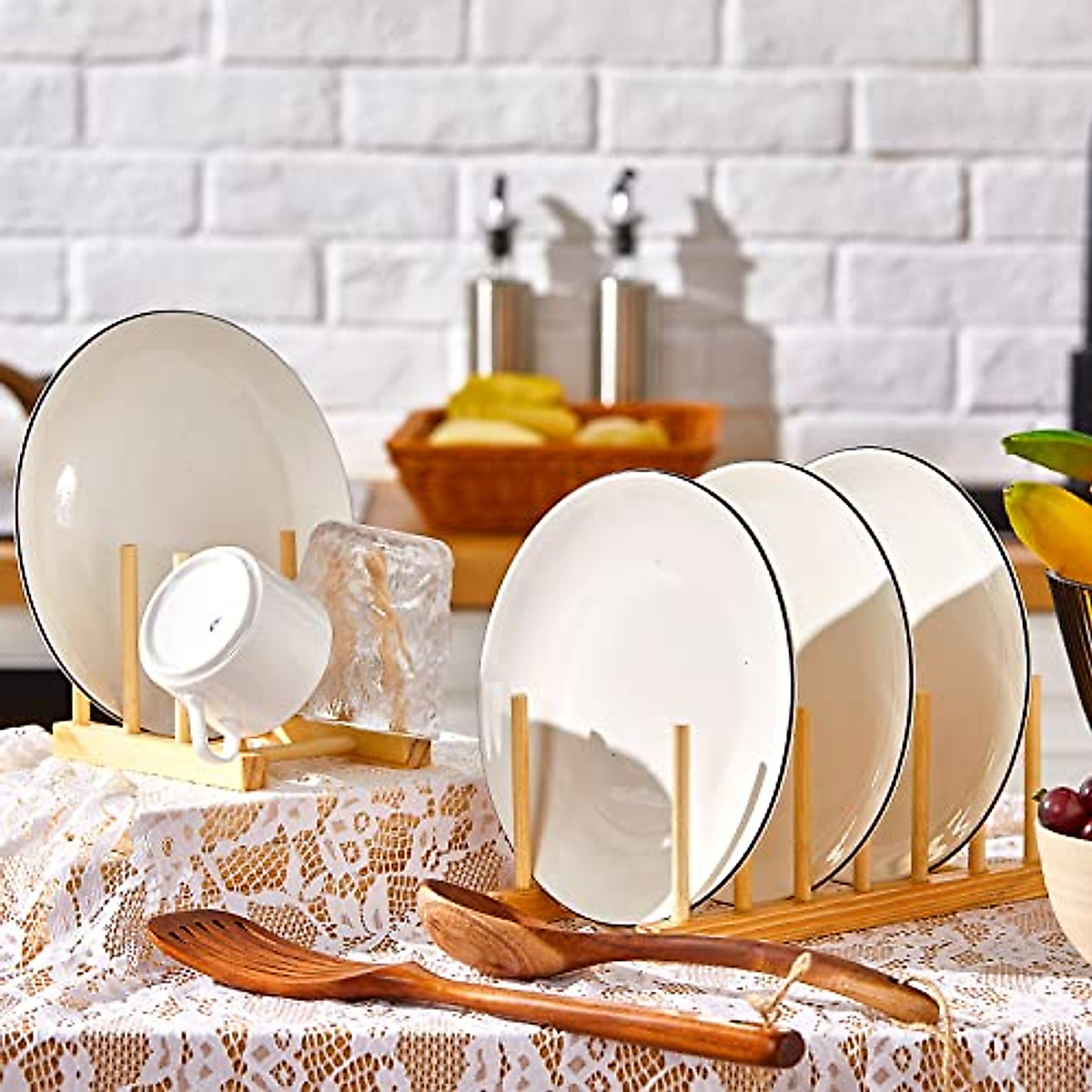 Zopeal 18 Pcs Bamboo Wooden Plate Racks Dish Rack Stand Holder 3/ 6/ 7 Slots Drainboard Drying Drainer Kitchen Cabinet Organizer for Dish Plate Bowl Cup Pot Lid Book