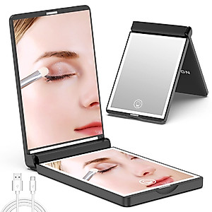 wobsion 300 Flip Folding Travel Mirror, 1x/3x Magnifying with 23 LEDs, Touch Dimmable, Rechargeable, Magnetic Switch, Black