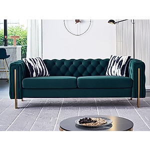 Kakotito Tufted Sofa Couch, 84 Inches Long Upholstered Sofa with 2 Pillows,High Arm and Strong Metal Legs, Couches for Living Room, Office, and Bedroom (Button Tufted, Green)