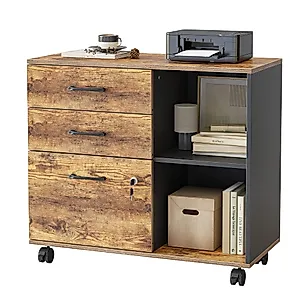 FEZIBO 3-Drawer Mobile File Cabinet, Lateral Filing Cabinet with Lock, Printer Stand with Open Storage Shelves for Home Office, Filing Cabinets for Home Office, Vintage&Black