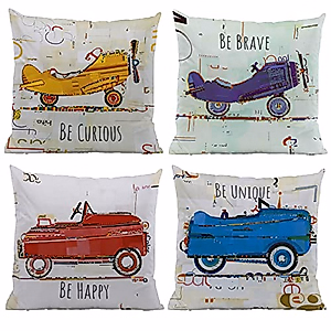 Cartoon Car Airplanes Be Curious Be Happy Be Brave Be Unique 18''x18'' Set Of 4 Throw Pillow Case Decorative Home Kid’s Room Nursery Playroom Cushion Cover,Sofa Bed Couch Decor,Boys Kids Teenage Gift