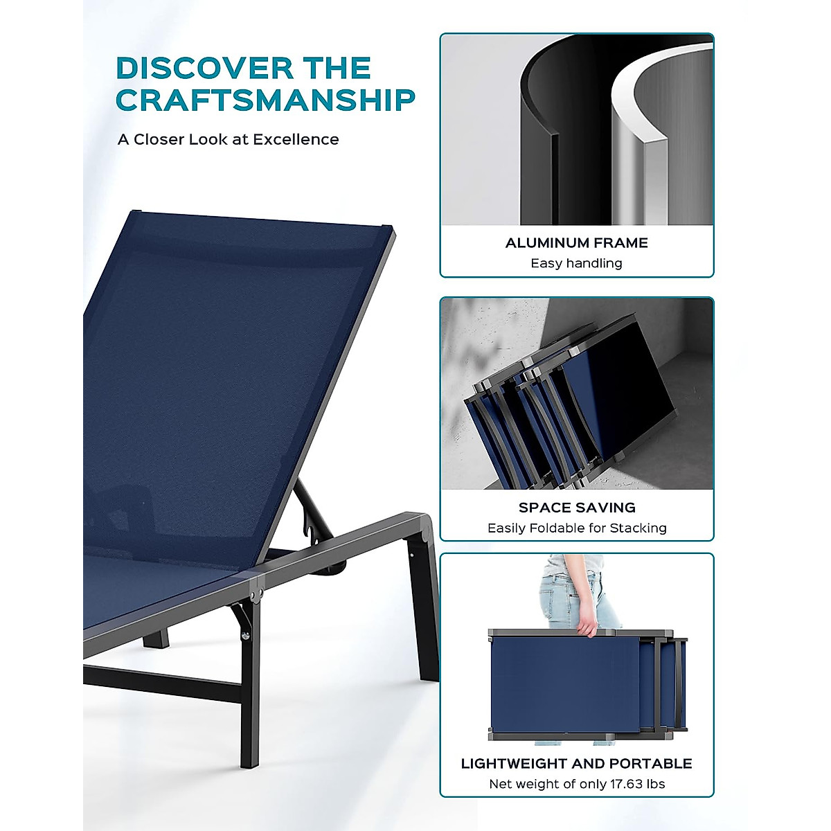 Aluminum Chaise Lounge Ourdoor - Foldable & Assemble Free Outdoor Lounge Chair with 5 Adjustable Backrest, Patio Lounge Chair for Outside Poolside Beach Pool, Navy Blue