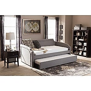 Baxton Studio Parkson Modern and Contemporary Grey Fabric Curved Notched Corners Sofa Twin Daybed with Roll-Out Trundle Guest Bed