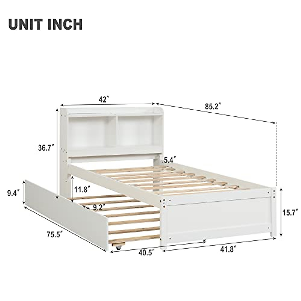 Twin Bed with Trundle, Twin Size Platform Bed with Bookcase Headboard and Pull Out Trundle Bed, Wooden Twin Bed Frame with Storage Shelves, No Box Spring Needed (Twin, White)