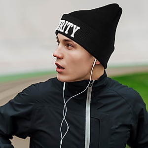 Panitay 12 Pcs Cuffed Beanie Knitted Beanie Hat Embroidered Hat Black Winter Skull Cap for Men Women (Black, White,Security)