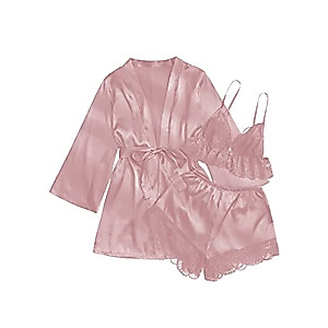 Verdusa Women's Satin Pajama Set 3 Piece Lace Trim Camisole and Shorts with Robe Pink L