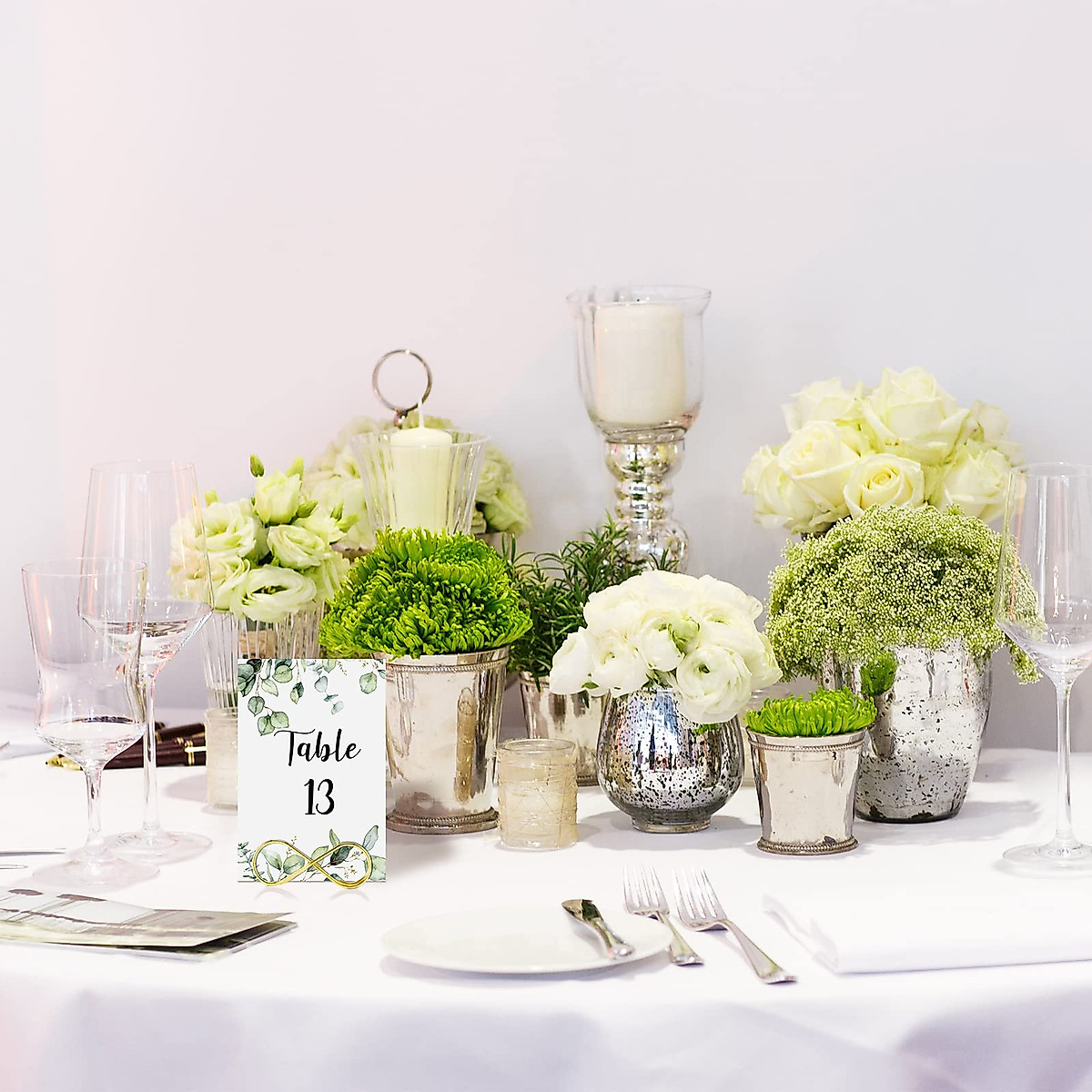 26 Pieces Wedding Table Numbers with 26 Gold Table Number Holders Greenery Eucalyptus Table Numbers for Wedding Reception Table Cards with Head Gold Seating Label for Anniversary Birthday Bridal Party