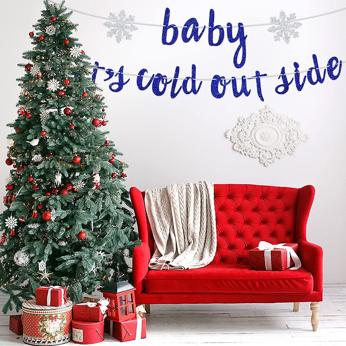 Blue Glitter Baby It's Cold Outside Banner - Snowflake Sign for Winter Wonderland Birthday / Baby Shower / Christmas Party Decorations Supplies