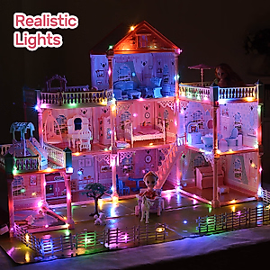 CUTE STONE Dollhouse, Doll House with Flashing Lights, Pretend Play Toddler Dollhouse Sets with 2 Dolls, Furniture, 8 Rooms and Doll Accessories, Creative Gift for Girls, L32 xH23