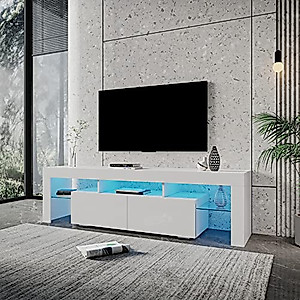 Holaki LED TV Stand,Modern High Gloss TV Console with 20 Color LEDs/Remote Control Lights,Media Console Entertainment Center for Up to 80 inch TV,Wood TV Cabinet with 2 Drawers & Open Shelves (White)