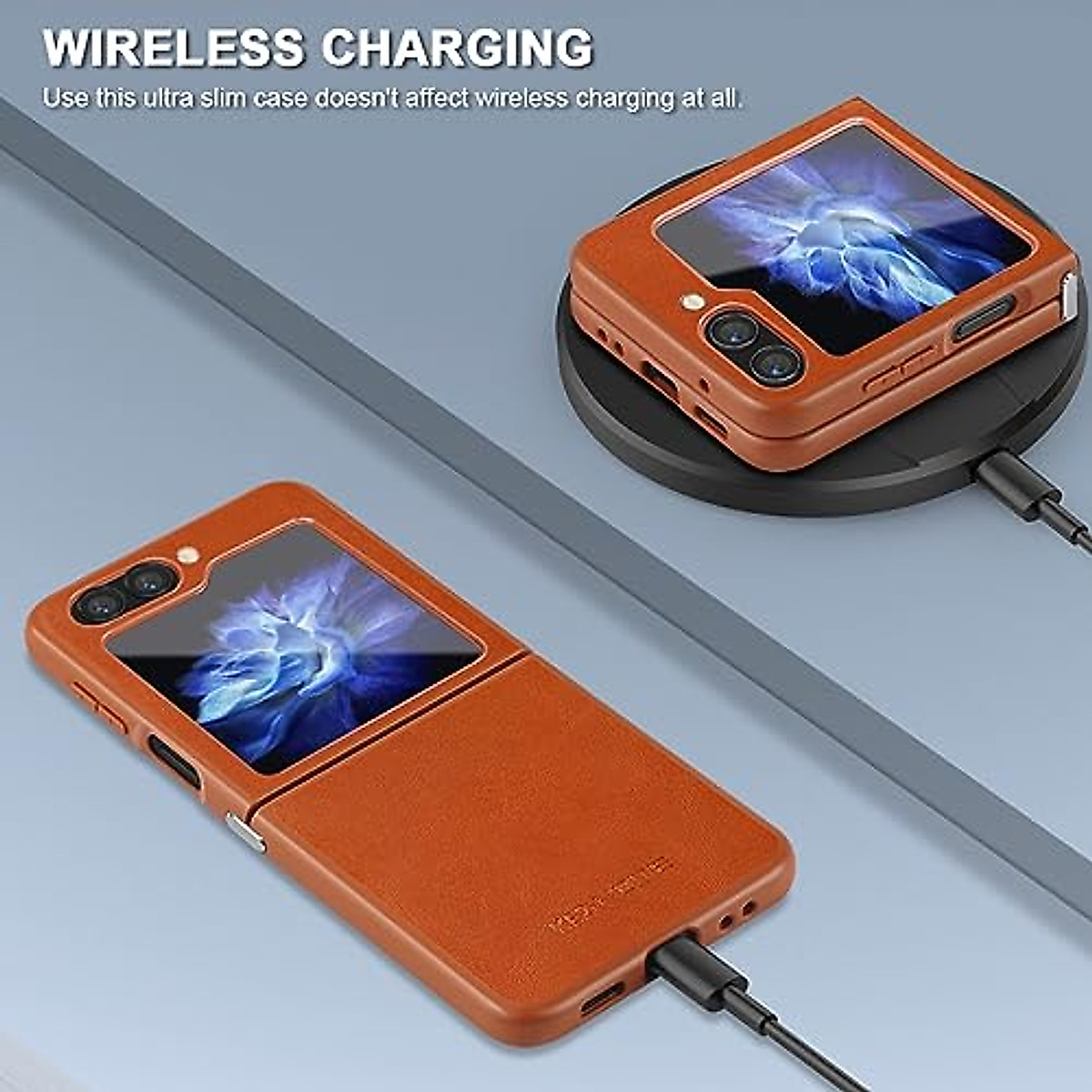 KEZiHOME Samsung Galaxy Z Flip 5 Case，Genuine Leather Samsung Z Flip 5 Case with Camera Lens Cover，Durable Slim Thin Full-Body Protective Phone Case Compatible with Galaxy Z Flip 5 5G (Khaki)