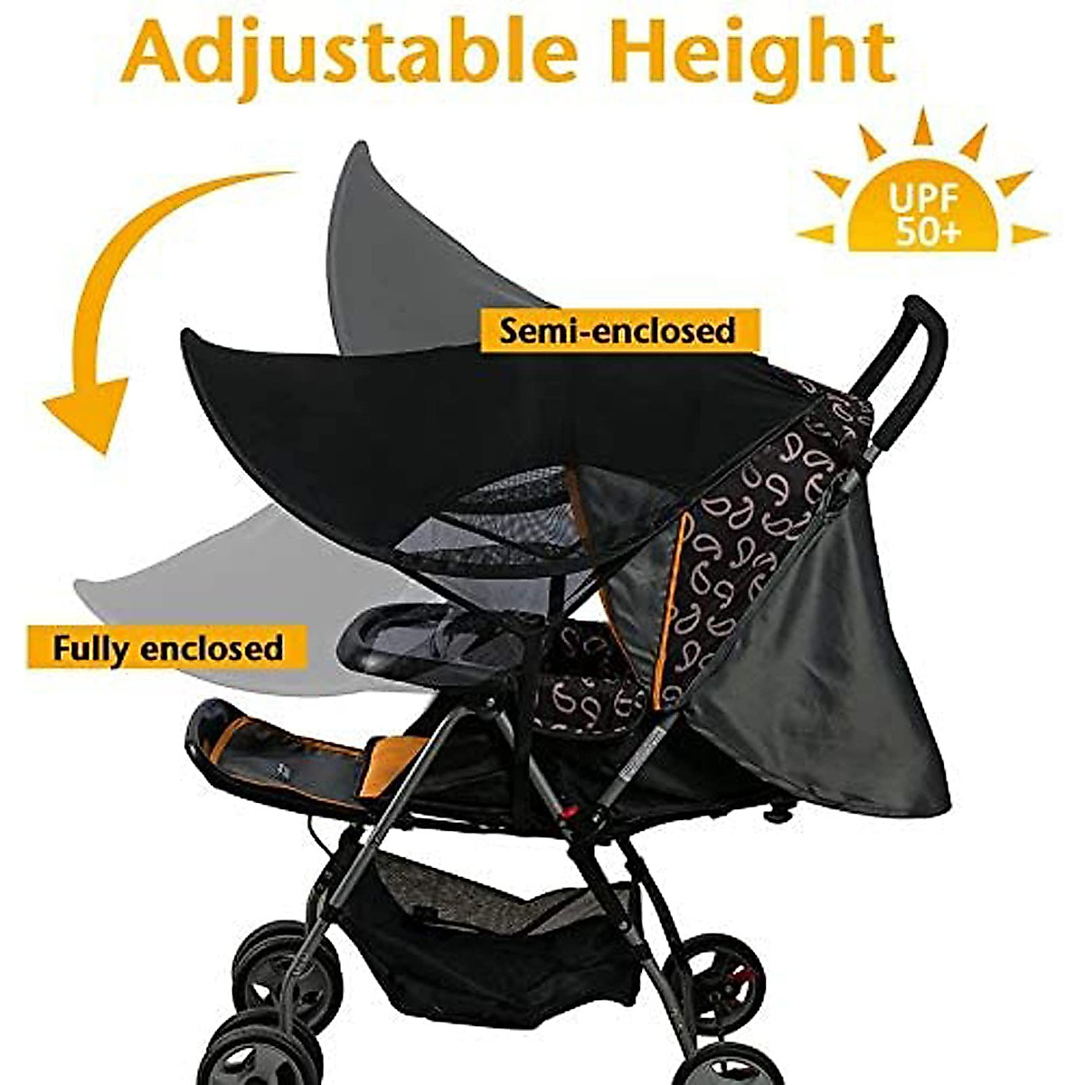ADESUGATA Universal Stroller Sun Shade - Baby Stroller Sun Cover, Summer Pram Sunshade Awning Adjustable with UV Protection and Mosquito Net for Pushchair, Buggy, Carrycot (Black)
