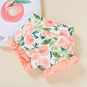 Newborn Baby Girls Clothes Ruffles Summer Romper Floral Bottoms Shorts 3pcs Outfits(Peach,0-3M)