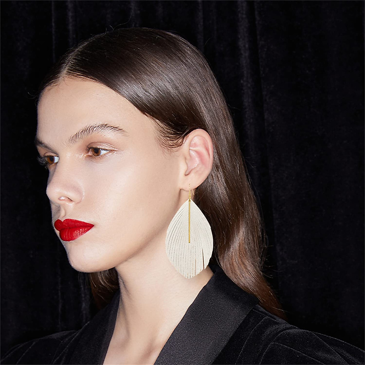 9 Pairs Handmade Lightweight Vintage Bohemian Leather leaf Dangle drop Earrings Sets Elegant Large PU Fringe Feather Hook Earring With Gold Bar for Women Girls Statement Jewelry Gifts (9 Pairs)