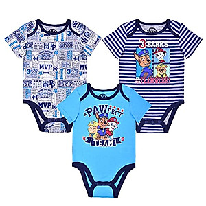 Paw Patrol Nickelodeon Boys’ Chase, Marshall and Rubble 3 Pack Bodysuits for Newborn and Infant – Blue/Grey