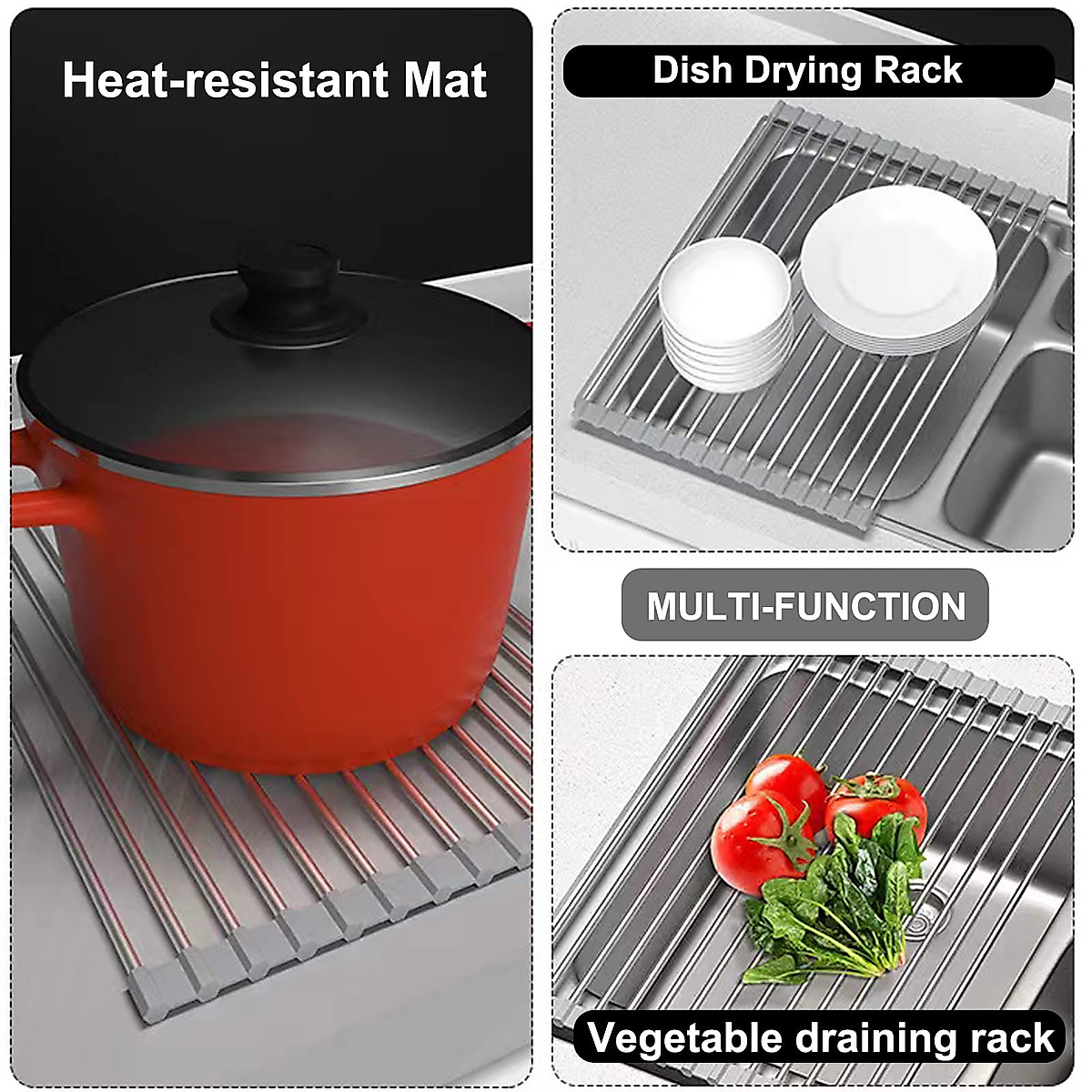 HIGEEK Roll Up Dish Drying Rack Over The Sink Dish Rack Kitchen Rolling Dish Drainer Over Sink, Foldable Sink Rack Mat Stainless Steel Wire Dish Drying Rack for Kitchen Sink Counter (17.5''x11.8'')