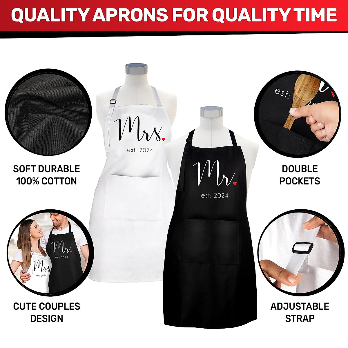 Prazoli His and Her Aprons - Mr Mrs Established 2024 Couples Engagement Gift, Cute Bridal Shower Gift Anniversary Wedding Registry Items & Decoration, Housewarming Gifts For New Home Newlywed Gift