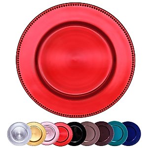 DaCakeWS Metallic Red Bead Charger Plates 13inch, Set 10PCS Plastic Round charger plates bulk wedding, Dinner,Wedding,Party,Event,Decoration(Beaded Red 10)