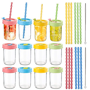 Suwimut 12 Pack Kids Toddler Cups Glass Mason Jars, 8 OZ Regular Mouth Spill Proof Smoothie Snack Cup with Lids, Plastic Straws, Silicone Stoppers and Cleaning Brush, Kid Tumbler for Drinking