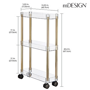 mDesign Slim Portable 3-Tier Household Rolling Storage Cart for Bathroom, Kitchen, Craft Room, Laundry Room, Office, and Kid's Playroom - 4 Rotating Wheels - Clear/Soft Brass