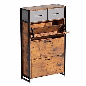 HSSZXFR Narrow Shoe Cabinet for Entryway Slim Shoe Rack Cabinet 3 Drawer Farmhouse Shoe Rack for Closet with Adjustable Shelf, Freestanding Wood Closed Shoe Rack for Home and Apartment