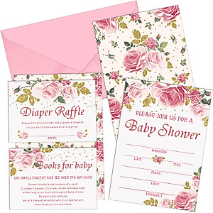 Marspark Set of 25 Pink Floral Baby Shower Invitations, Diaper Raffle Tickets and Baby Shower Invitation Cards with Envelope, Baby Shower Party Supplies for Sweet Girl