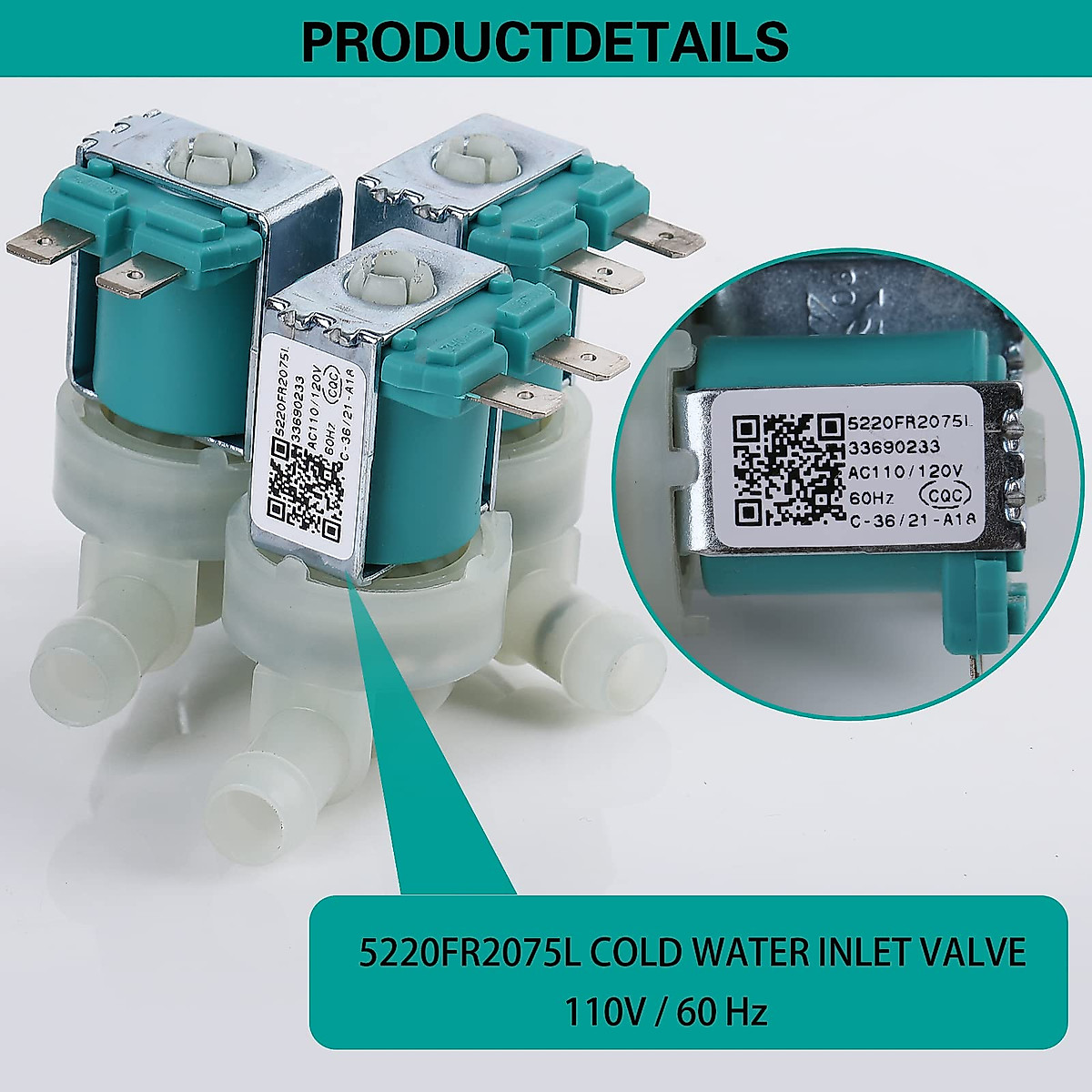 5220FR2075L Water Inlet Valve, tTSAVS Cold Water Inlet Valve Replacement for LG Kenmore Washing Machines, Replaces for 5221ER1003A AP5986564 5221ER1003C 5221ER1003D PS11728995 WM9000HWA and more.