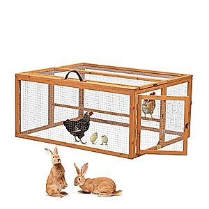 COZIWOW Wooden Rabbit Hutch Chicken Coop, Small Animal Chicken Pen Habitat with Roosting Bar, Portable Folding Bunny Cage Run, Orange