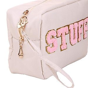 oaesc Nylon Cosmetic Bag Chenille Letter Patches Waterproof Travel Pouch Snack Makeup with Wrist Strap for Women (Beige-STUFF)