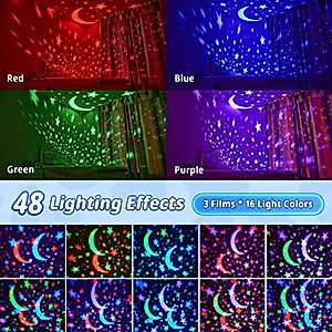 One Fire Night Light for Kids, 48 Lighting Modes Star Lights for Bedroom, 360° Rotating+3 Films Baby Night Light Projector, USB Rechargeable Kids Night Lights for Bedroom, Star Lights for Room Decor