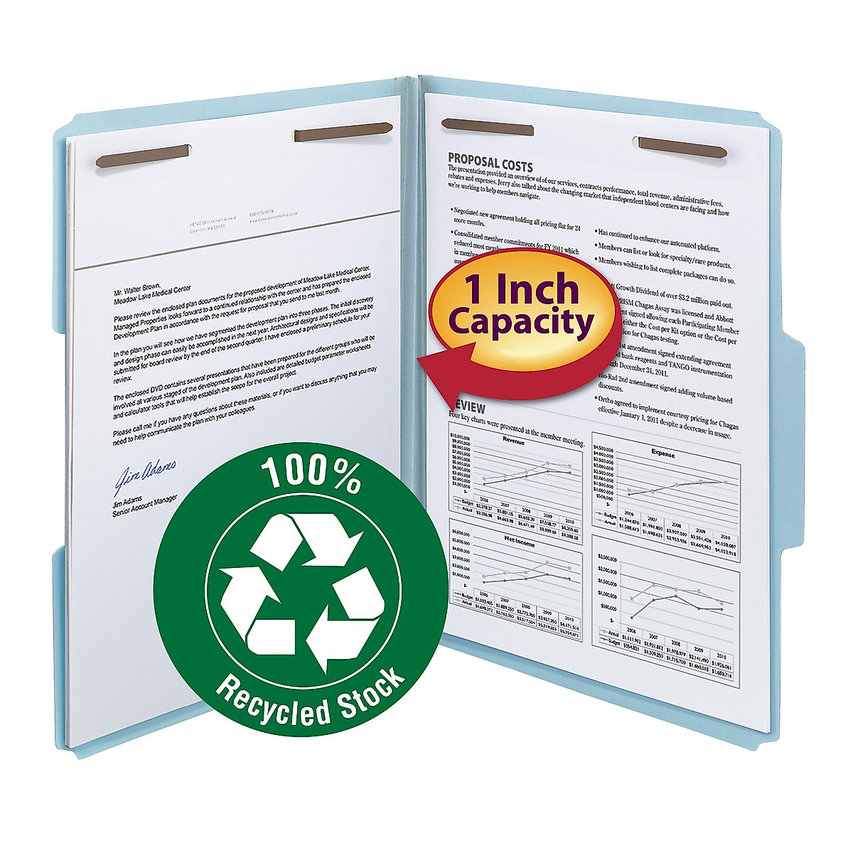 Smead 100% Recycled Pressboard Fastener File Folder, 2 Fasteners, 1/3-Cut Tab, 1" Expansion, Letter Size, Blue, 25 per Box (15000)