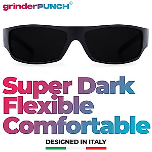 grinderPUNCH Mens Black Super Dark Sunglasses - Slim Wrap Around Gangster Style (Matte Black)