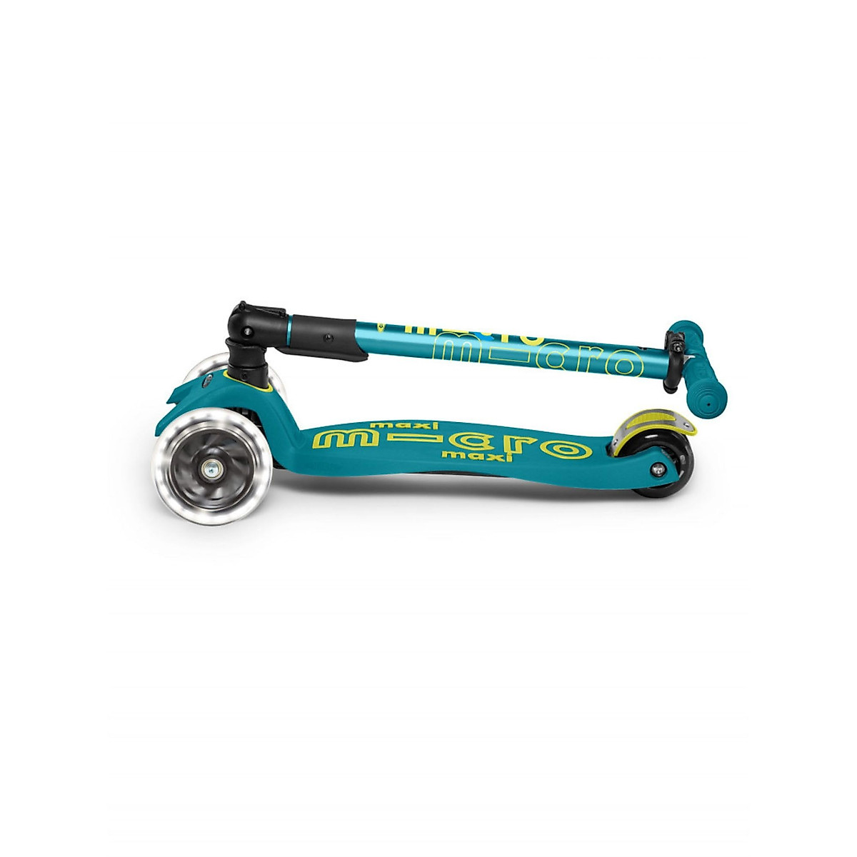 Micro Kickboard - Maxi Deluxe Foldable LED - Three Wheeled, Lean-to-Steer, Fold-to-Carry Swiss-Designed Micro Scooter for Kids with Motion-Activated Light-Up Wheels for Ages 5-12 (Petrol Green)