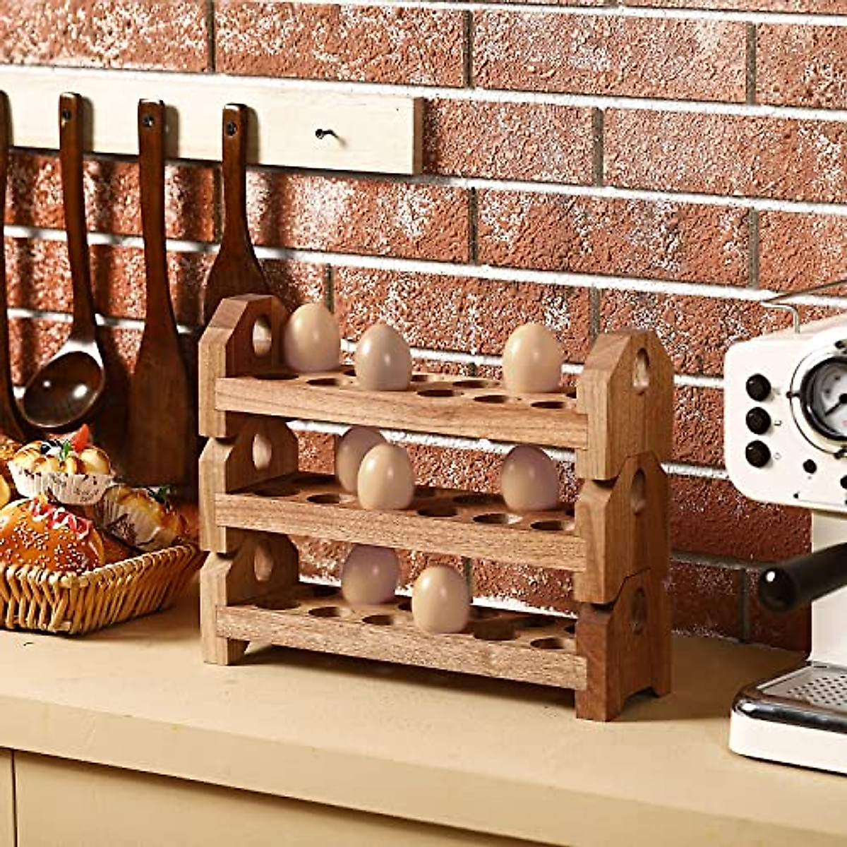 Set of 3 Pieces Wooden Egg Holder Countertop Egg Storage Trays Hold 36 Fresh Egg Stackable Wood Deviled Egg Tray Organizer Rustic Egg Rack Container for Kitchen Counter Display Refrigerator Storage
