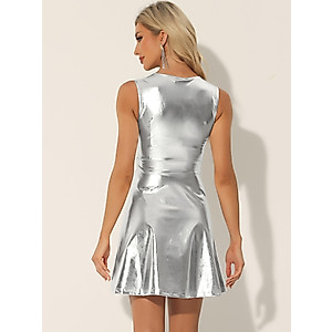 Allegra K Women's Metallic Sleeveless High Waist Club Party Disco Holographic Dress X-Small Shiny Silver
