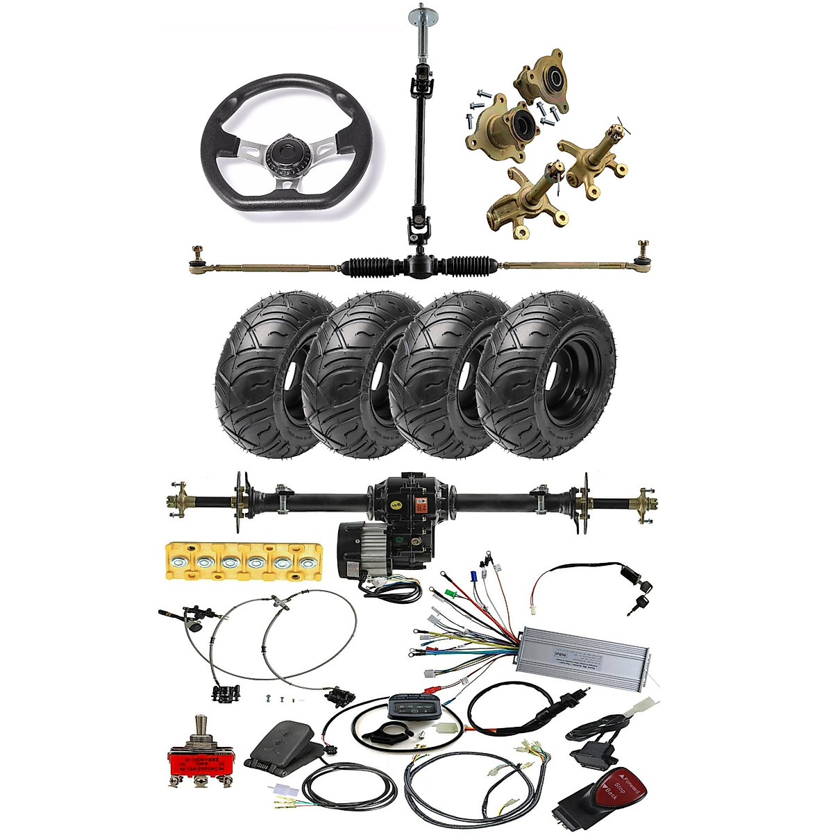 YC Yier 30" Go Kart Rear Axle Kit & 48V 1000W Electric Brushless Motor Controller Differential &13x5.00-6" Wheels Tires + Front Steering Shaft for ATV Quad Buggy 4 Wheelers Dolly Cart Trike Tricycle