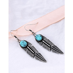 XZP Women's Created-Turquoise Earrings Bohemian Compressed-Turquoise Jewelry Mother Gifts Pendant Metal Tribal Feather Tibetan Dangle Drop Earrings for Women