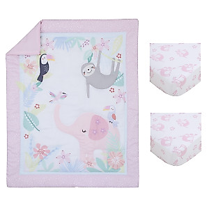 Little Love by NoJo Tropical Garden Pink, Green, and White Jungle Animal 3 Piece Mini Crib Bedding Set - Comforter, Two Fitted Sheets