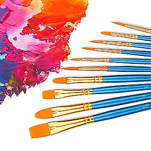Amazon Basics Paint Brush Set, Nylon Paint Brushes for Acrylic, Oil, Watercolor, 10 Brush Sizes