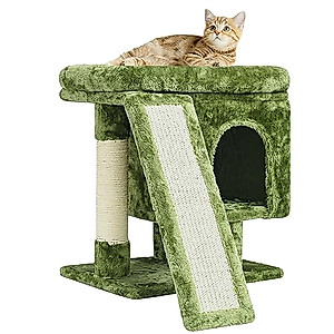 SYANDLVY Small Cat Tree for Indoor Cats, Kittens Condo with Scratching Post and Board, Cat Cave, Modern Cat Activity Tower with Plush Perch (Green)