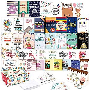 feela Birthday Cards, 40 Pack 40 Designs Happy Birthday Card Assorted Bulk with 40 Blank Envelopes 48 Pieces of Stickers 2 Washi Tapes, 4 X 6 Inches Greeting Cards For Girls Family Friends