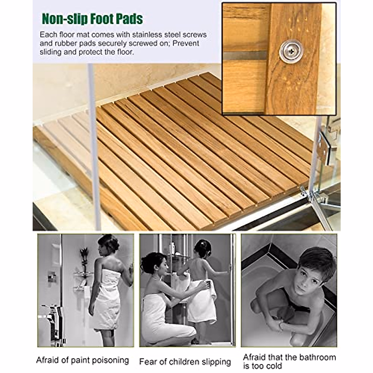 Heavy Duty Teak Wood Shower Mats Non Slip Waterproof, Raised Slated Platform Pads with Foot Pad, Inside Outside Bath Tubs Floor Mat, Portable Doormat (Size : 30x30cm(11.8x11.8in))
