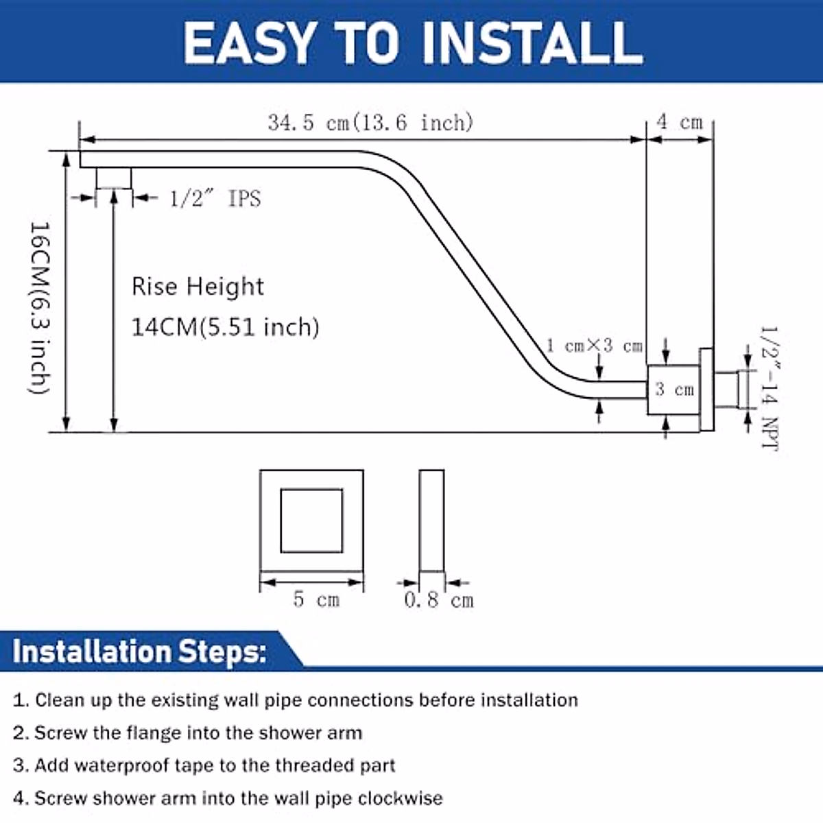 HANEBATH Brass S Shape Shower Arm and Flange, Matte Black Shower Head Extension Arm (Square)