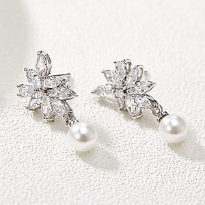 SWEETV Cubic Zirconia Pearl Wedding Bridal Earrings for Brides Bridesmaids, Silver Pearl Drop Earrings for Women Prom Jewelry Gifts