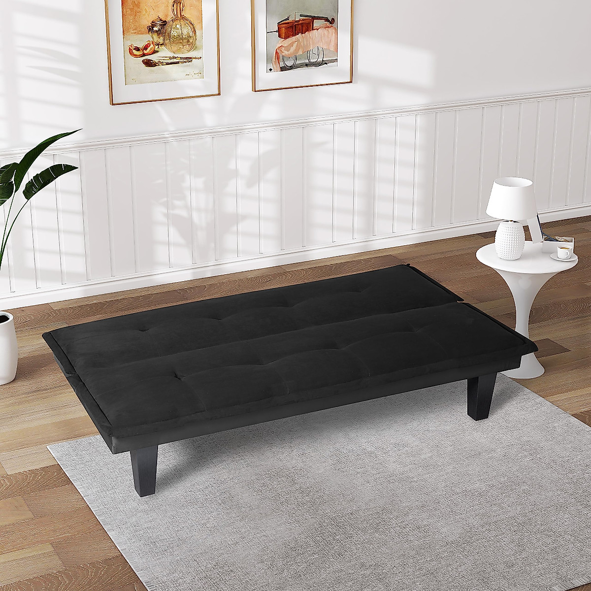 POCIYIHOME Futon Sleeper Sofa with Adjustable Back, Modern Twin Size Chaise with Brown Legs, 2-Seater Couch, Contemporary Home Furniture for Living Room,Bedroom,Office,Waiting Room, Faux Suede, Black