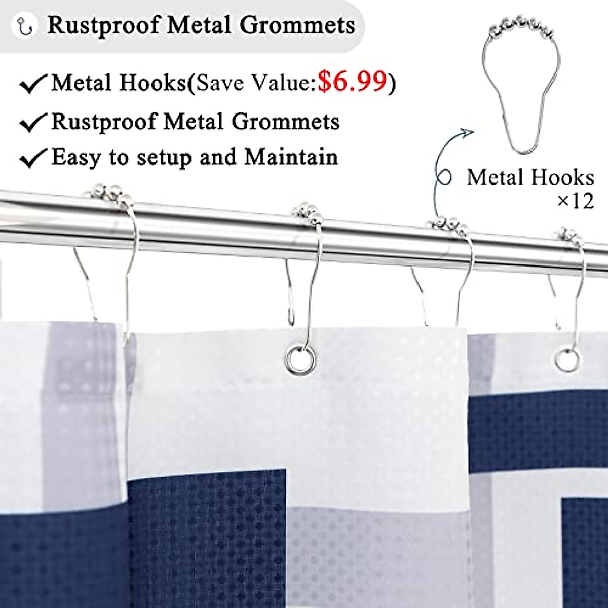 Naturoom Modern Geometric Shower Curtain Blue, Water Repellent, Polyester Bath Curtain for Bathroom, Textured Fabric Curtain Set with 12 Hooks, Machine Washable, 72 x 72 inch